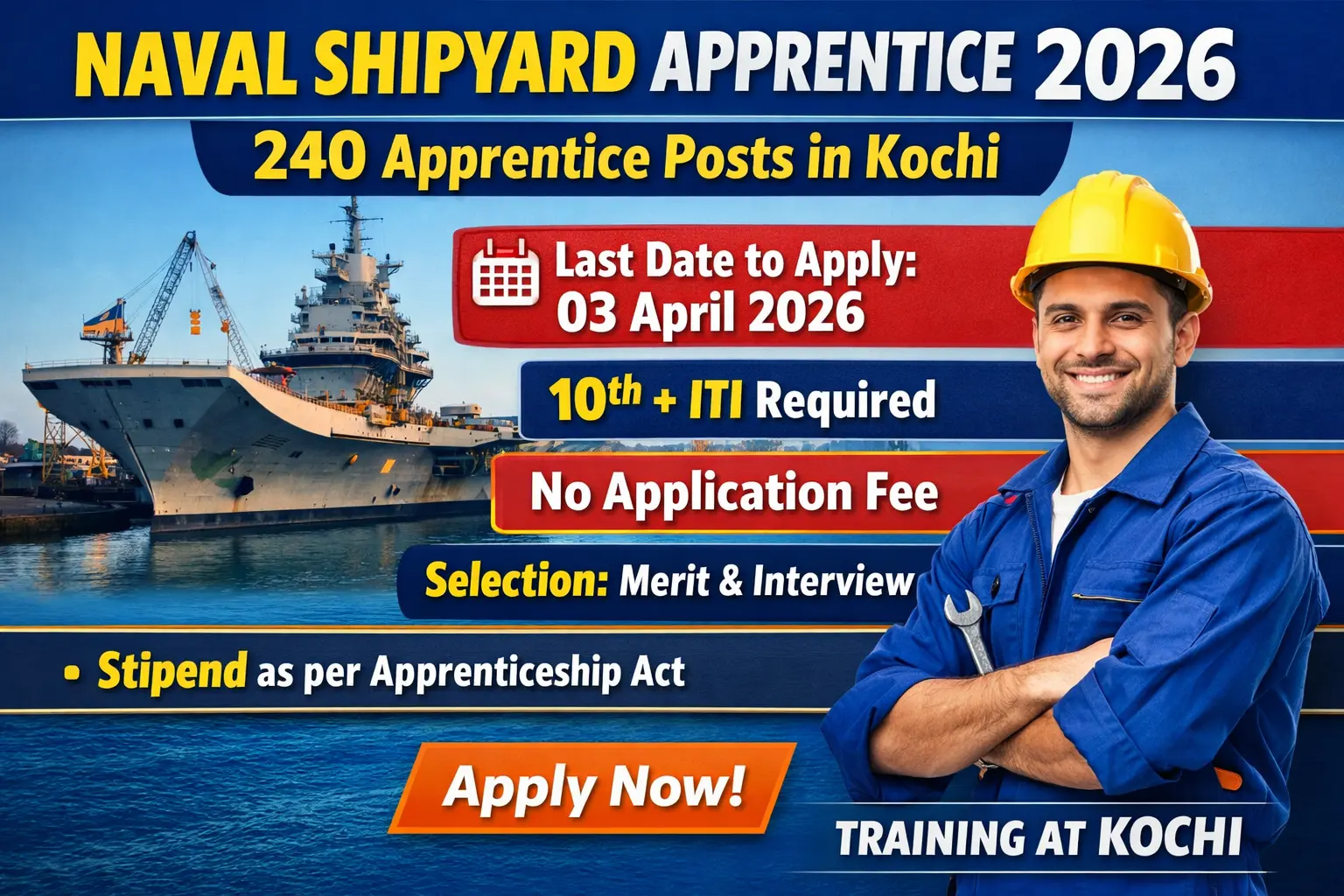 Naval Ship Repair yard Apprentice Recruitment 2026 – 240 Posts in Kochi